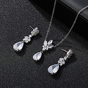 SWEETV Teardrop Wedding Bridal Jewelry Set for Brides Bridesmaid, Silver Crystal Pendant Necklace Drop Dangle Earrings Set for Women