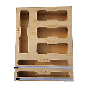 Wall Mount Ziplock Bag + Foil & Plastic Wrap Organizer - Premium Bamboo Organizer for Ziplock Bags, Foil & Plastic Wrap Dispenser | Kitchen Organization & Storage | 12" X 2.125" Standard Rolls only