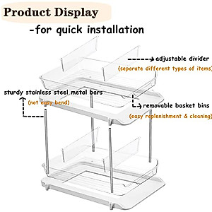 Lyellfe 2 Tier Clear Organizer with Divider, Pull Out Under Sink Organizer and Storage, Sliding Spice Rack Medicine Cabinet Bins, Multi-purpose Vanity Tray for Bathroom, Kitchen Pantry