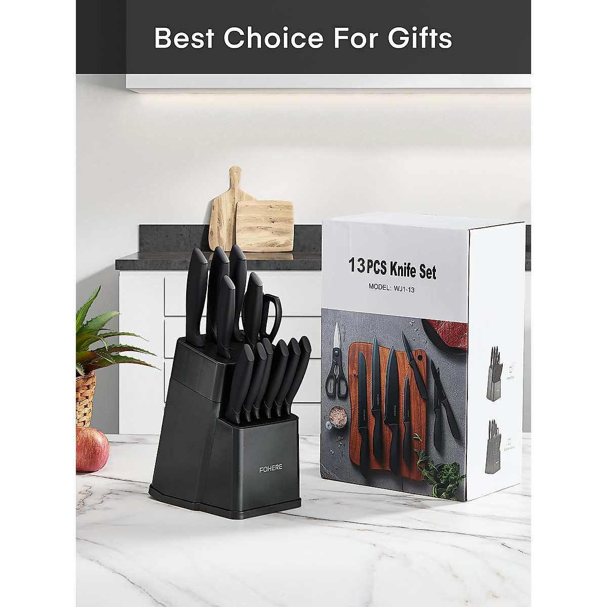 Knife Block Set, FOHERE 13 Pcs Self Sharpening Knife Set, High Carbon Stainless Steel BO Oxidation Knife Set with Anti-slip Handle, Dishwasher Safe, Matte Gray