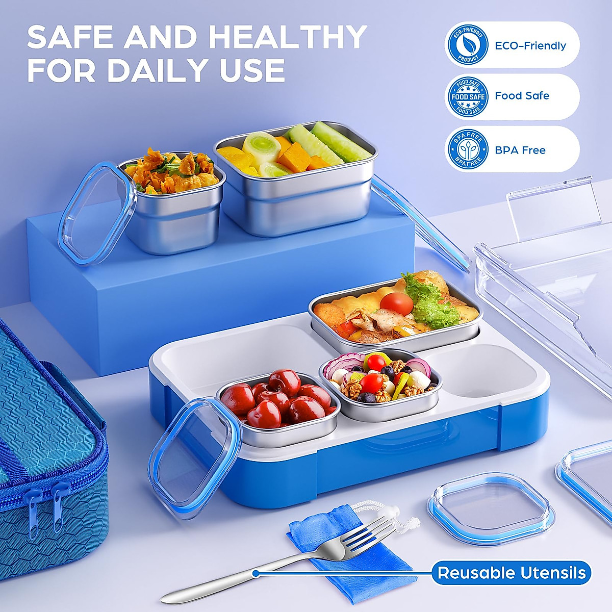 TIME4DEALS Bento Box Stainless Steel Lunch Box Set for Kids Adult 5-Compartment Leakproof Insulated Lunch Containers with Fork Lunch Bag Kits for School Works, Metal Lunchbox Tray BPA-Free (Blue)