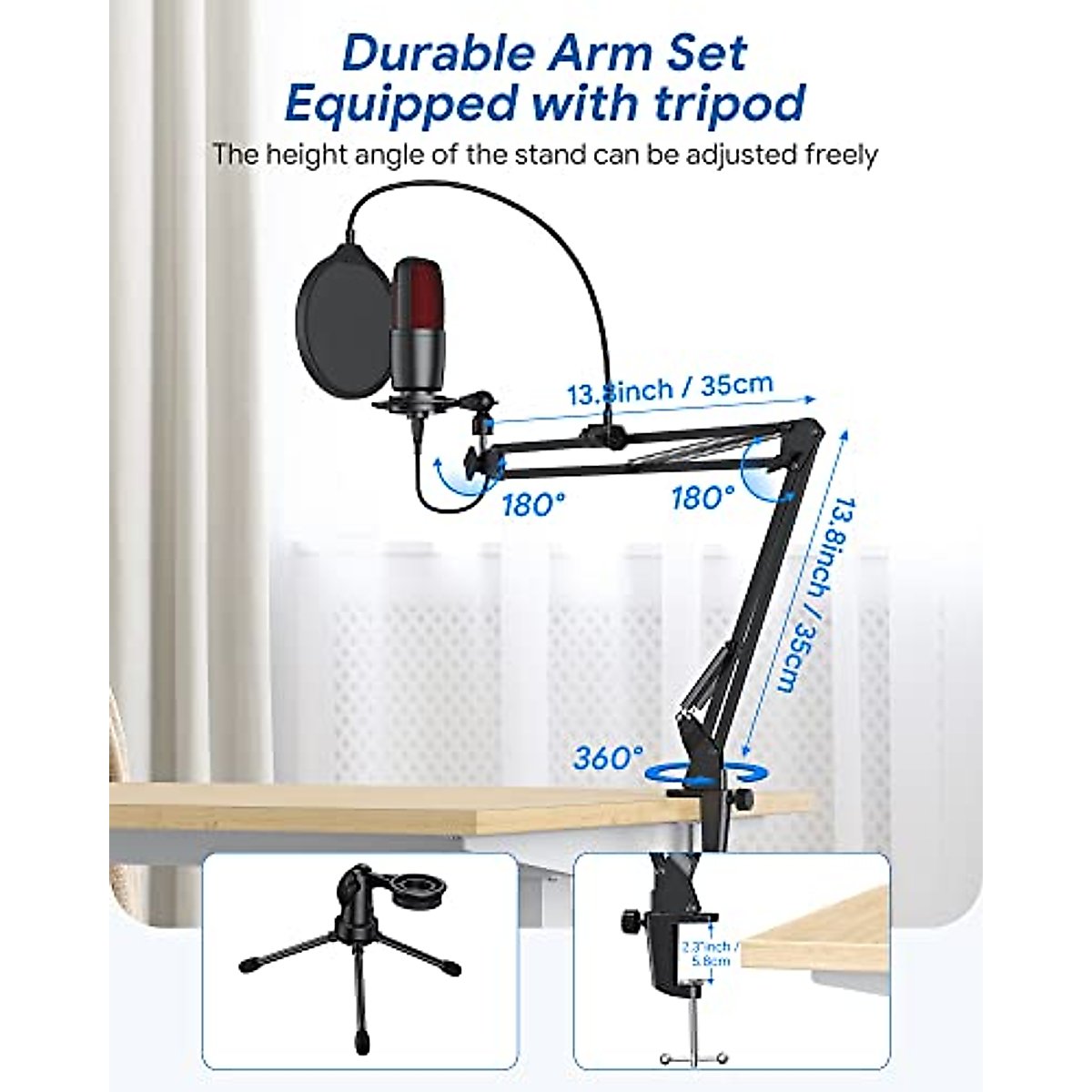TECURS USB Microphone Condenser, PC Microphone Kit for Computer, Streaming Mic with Adjustable Boom Arm, Gaming,Microphone for Podcast, Twitch, YouTube, PS4, PS5