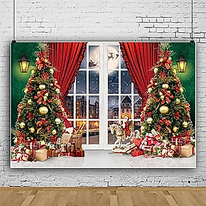 Laeacco 8x6FT Christmas Photography Backdrop Polyester Christmas Window View Red Curtain Background Xmas Trees White Horse Santa Gifts Merry Christmas Party Decor Banner Portrait Photo Studio Shoot