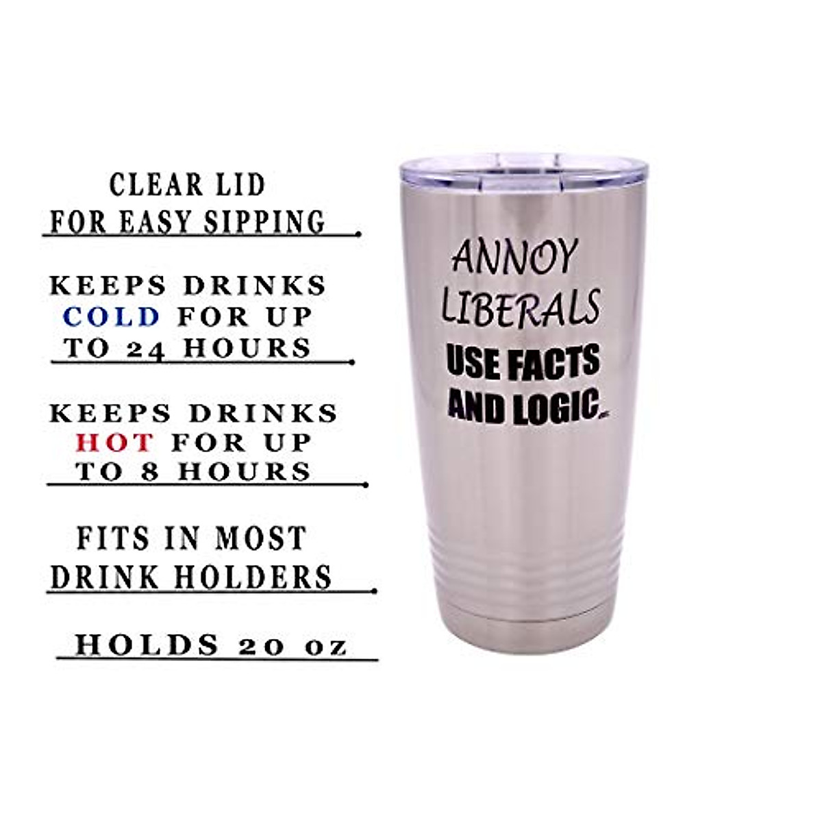 Funny Annoy Liberals Use Facts and Logic 20 Ounce Large Stainless Steel Travel Tumbler Mug Cup Gift For Conservative Or Republican Political Novelty