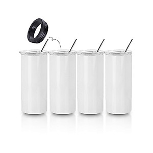 PYD Life Sublimation Blanks Tumbler Skinny Slim 12 OZ Straight Stainless Steel Can Cooler Insulater with 2 Lids and Metal Straw Sublimation Mugs Cups 4 Pack