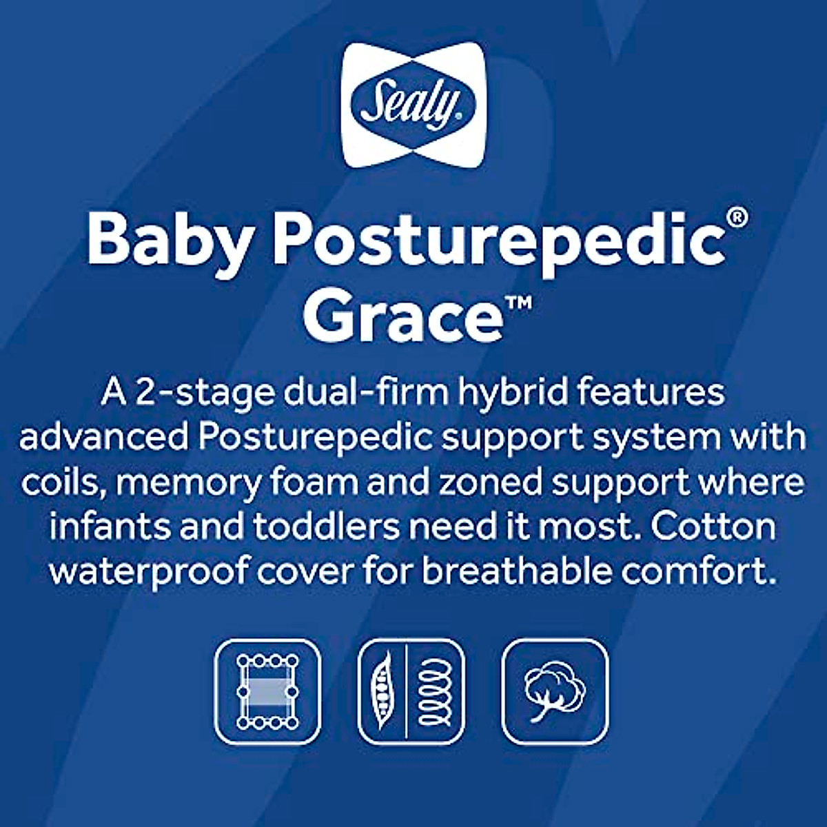 Sealy Baby Posturepedic Grace Baby Crib Mattress-Premium 2-Stage Toddler Bed Mattress- Waterproof Crib Mattress- Hybrid Coil and Foam Breathable Baby Mattress for Crib- Cotton- Certified for Safety