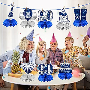 Kauayurk 8Pcs 90th Birthday Honeycomb Centerpieces Decorations for Men, Blue Silver 90 Year Old Birthday Table Centerpiece Party Supplies, 90 Birthday Table Topper Decor Sign