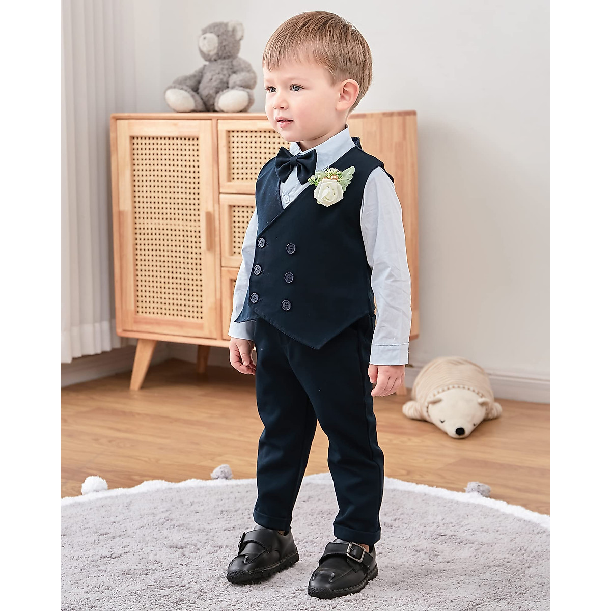 YALLET Toddler Baby Boy Clothes Suit Gentleman Wedding Outfits, Formal Dress Shirt+Bowtie+Vest+Boutonniere+Suspender Pants(V Navy Blue, 2-3T)