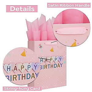 13" Large Pink Gift Bag Set with Greeting Card and Tissue Papers (3D 'Happy' Design) Women's Birthday Party, Girls', or Kids' Parties, Baby Shower - 10.2”x5.2”x13”, 1 Pcs.