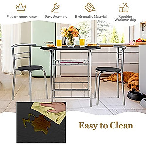 Harmony-Furniture 3-Piece Dining Table Set, Kitchen Table Set with Metal Frame & Shelf Storage, Compact Dining Table and Chairs Set for Kitchen, Restaurant, Café, Bistro (Black & Sliver)