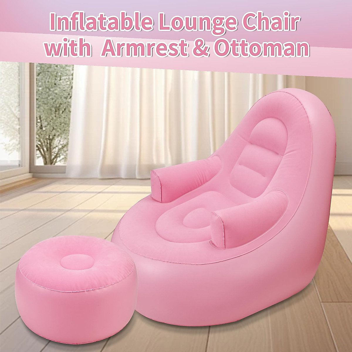 Ccinnoe Inflatable Couch with Armrest ＆ Ottoman, Blow Up Lounger Chair, Folding Lazy Sofa, Inflatable Furniture for Camping/Fishing/Party/Beach/Sunbathing/Hiking (Pink)