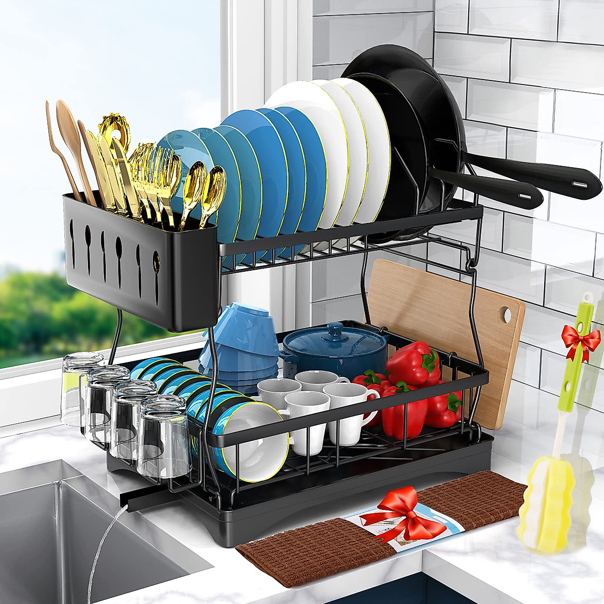 Dish Drying Rack, Large 2 Tier Dish Drying Rack with Drainboard, Dish Racks for Kitchen Counter with Pot Rack Cutting Board Rack Cup Rack Utensils Holder, Dish Drainer with Extra Drying Mat Cup Brush