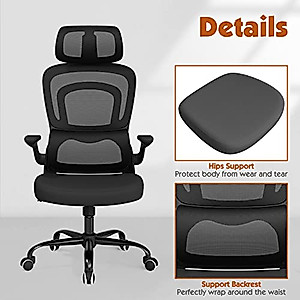 SOMEET Ergonomic Mesh Office Chair with Lumbar Support, High Back Office Chair with Flip-up Arms, Mesh Computer Gaming Chairs with Adjustable Headrest, Ergonomic Chair for Home Office Work, Black
