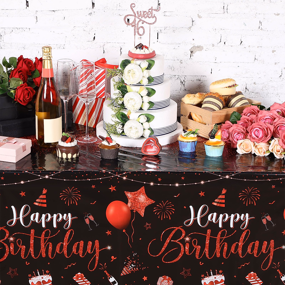 Tudomro 3 Pcs Happy Birthday Tablecloths Happy Birthday Party Decorations Plastic Table Cover Rectangular Cloths for Women Men Baby Shower Party Supplies, 108 x 54 Inch (Black Red)