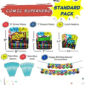 Comic Superhero Standard Party Supplies Pack (109 Pieces for 20 Guests) - Superhero Party Decoration, Plates and Napkin, Super Hero Brithday Party for Boys, Blue Orchards