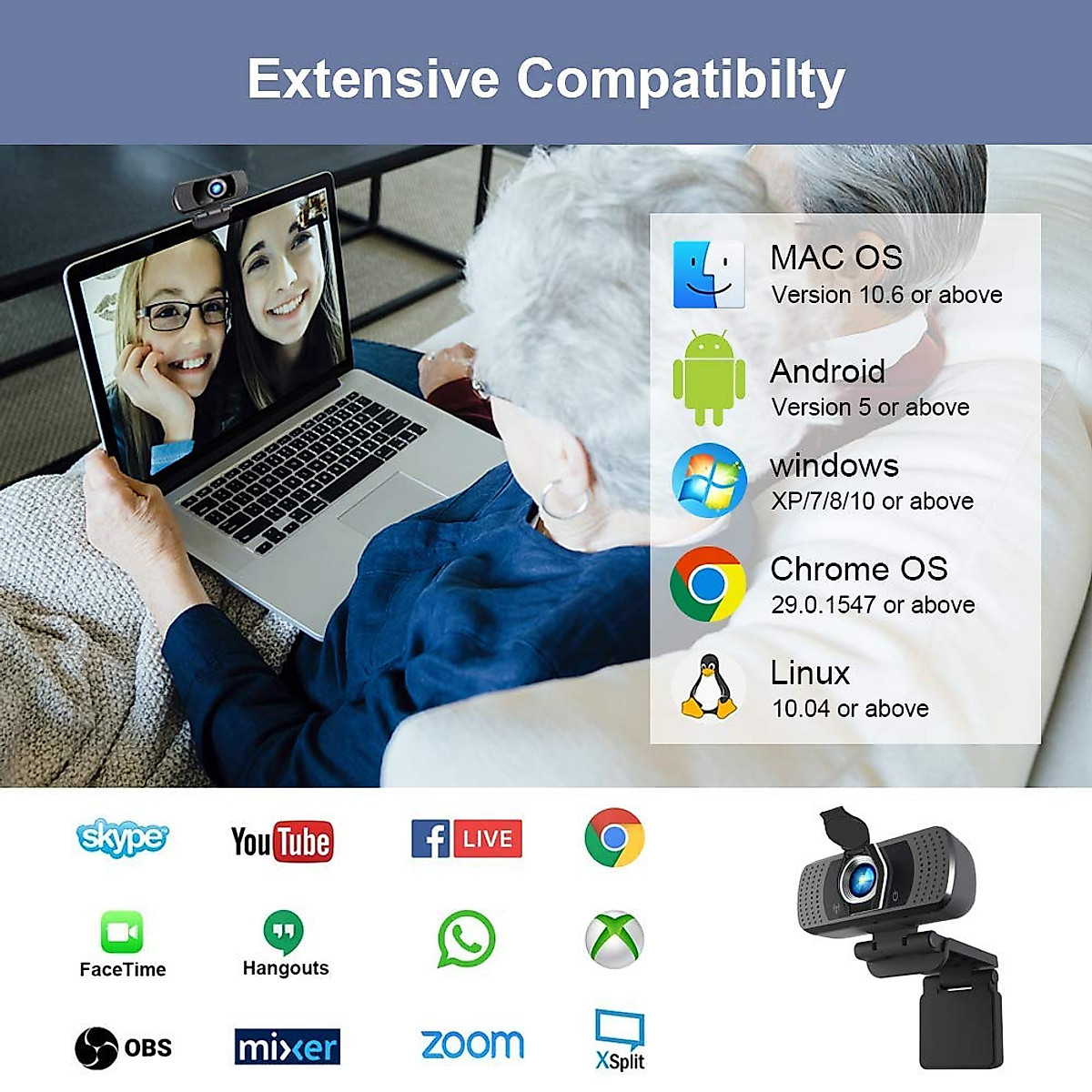 Electype HD Webcam with Microphone,1080P HD Webcam with Privacy Cover and Tripod, Auto Focus Plug and Play USB Computer Camera for Laptop/PC/Mac, Online Studying,Video Calling and Conferencing