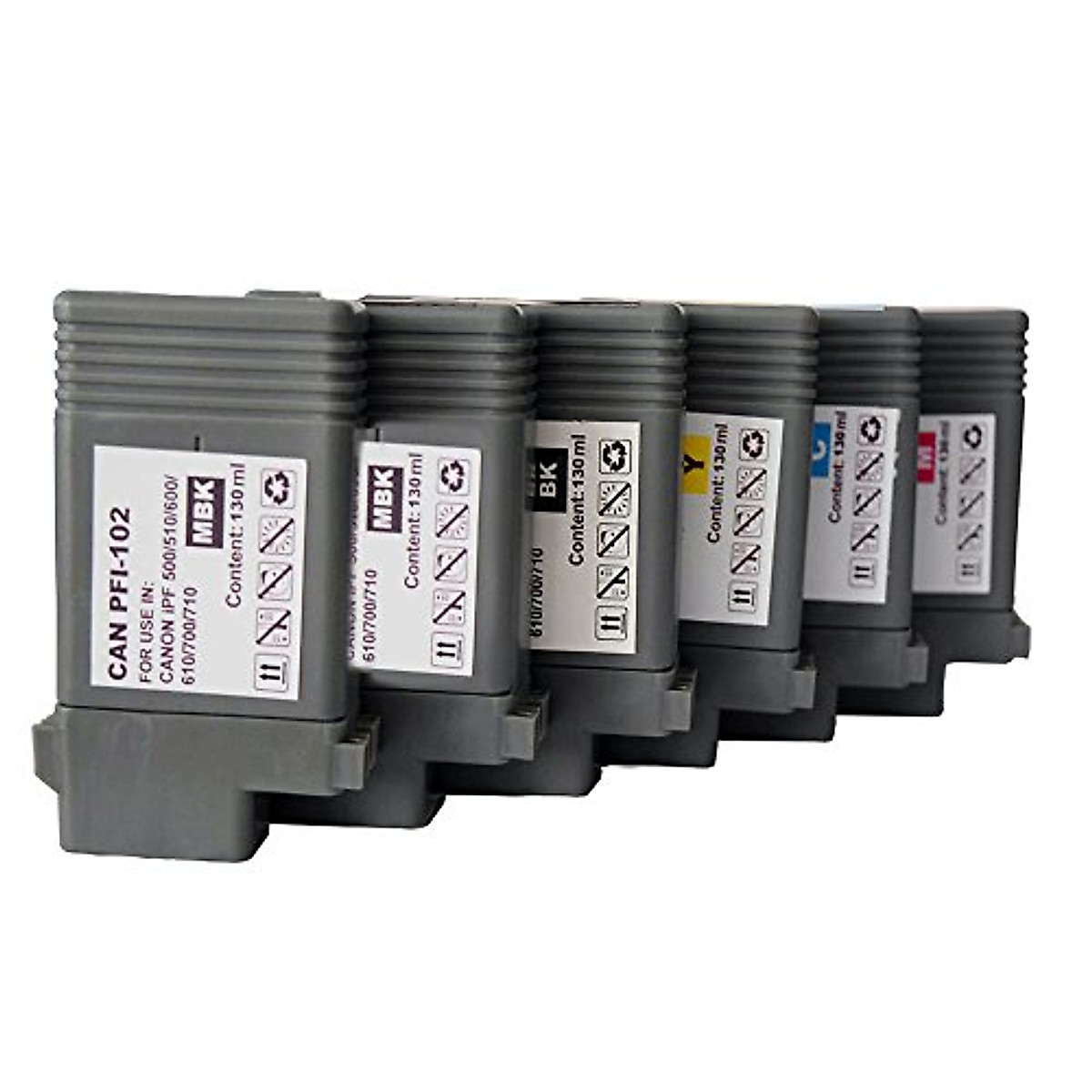 Colour-Store Compatible Replacements for Canon PFI-102 Set of 6 Inkjet Cartridges Includes: 1 PF-102BK Black, 2 PF-102MBK Matte Black, 1 PF-102C Cyan, 1 PFI-102M Magenta, and PFI-102Y Yellow (130 ml)