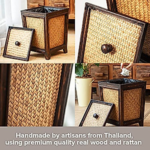 Rattan Basket Wooden Trash Can - Hand Woven Basket Trash Can with Lid - 9"x8.3"x13" Small Garbage Can with Cover - Decorative Natural Wood Garbage Bin for Living Room, Bedroom or Bathroom Trash Can
