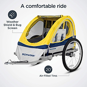 Schwinn Echo Child Bike Trailer, Max of 2 Children with Total Weight of 80 lbs., Canopy, 20-Inch Air-Filled Tires, Yellow/Grey