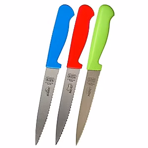 Kitchen Knife 3-Piece Set – 6 inches – Serrated Steak and Vegetable Knife - Razor Sharp. Pointed Tip - Color Coded Kitchen Tools by The Kosher Cook
