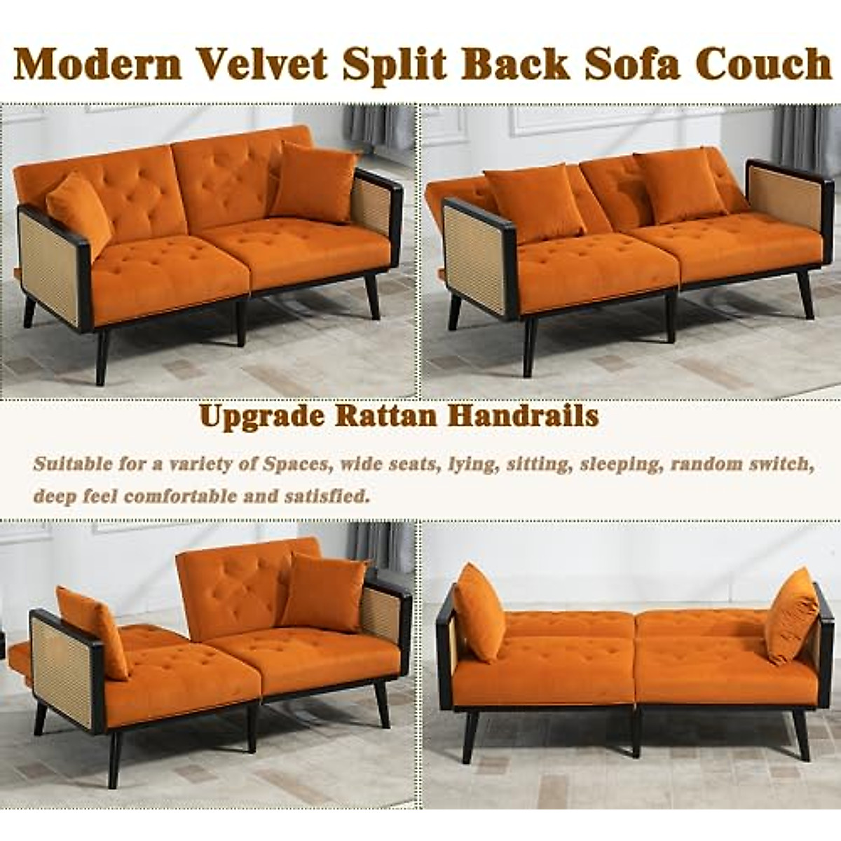 Lin-Utrend Velvet Loveseat Sofa with Rattan Armrest,61" Convertible Futon Sofa Bed,Sleeper Sofa Couch Loveseat for Small Space,Living Room,Apartment