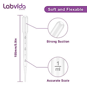 Labvida 200PCS 3ml Disposable Plastic Transfer Pipettes, Calibrated Dropper Suitable for Essential Oils Deployment,Science Laboratory, DIY Art, LVG003