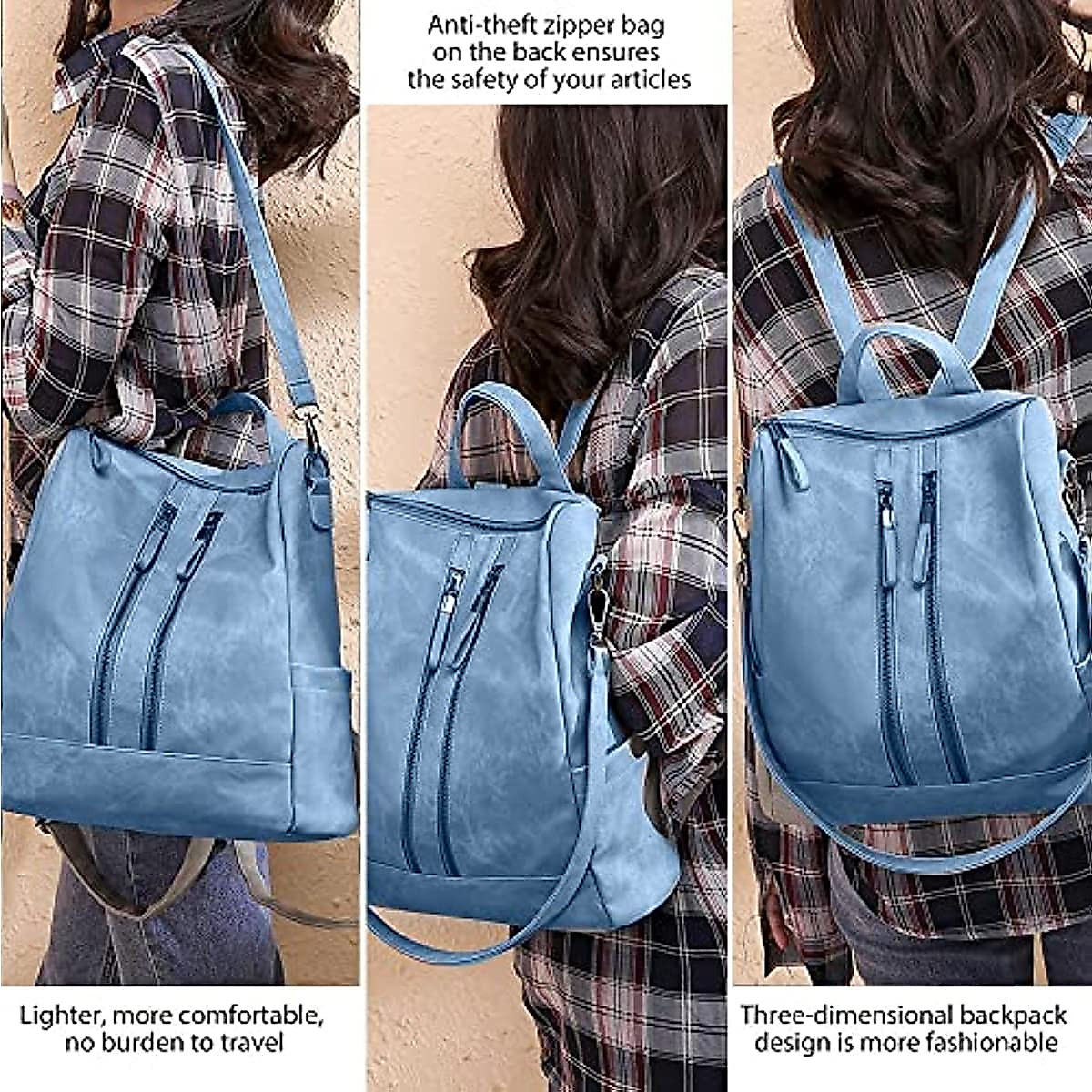 Poopy Women Multifunctional Soft Leather Handbag Purses Shoulder Backpack Crossbody Zipper Bag with Pocket (blue)