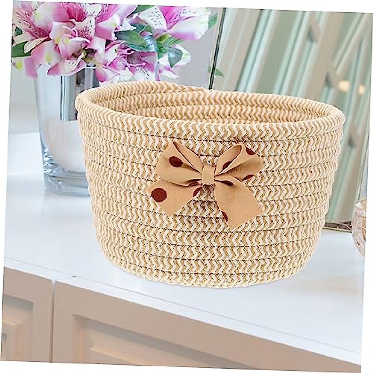 Cotton Rope Storage Basket Baby Keys Woven Storage Basket Table Top Decor Decorations for Shelves Foldable Basket Desktop Storage Basket Small Round Basket Manual Khaki Fabric