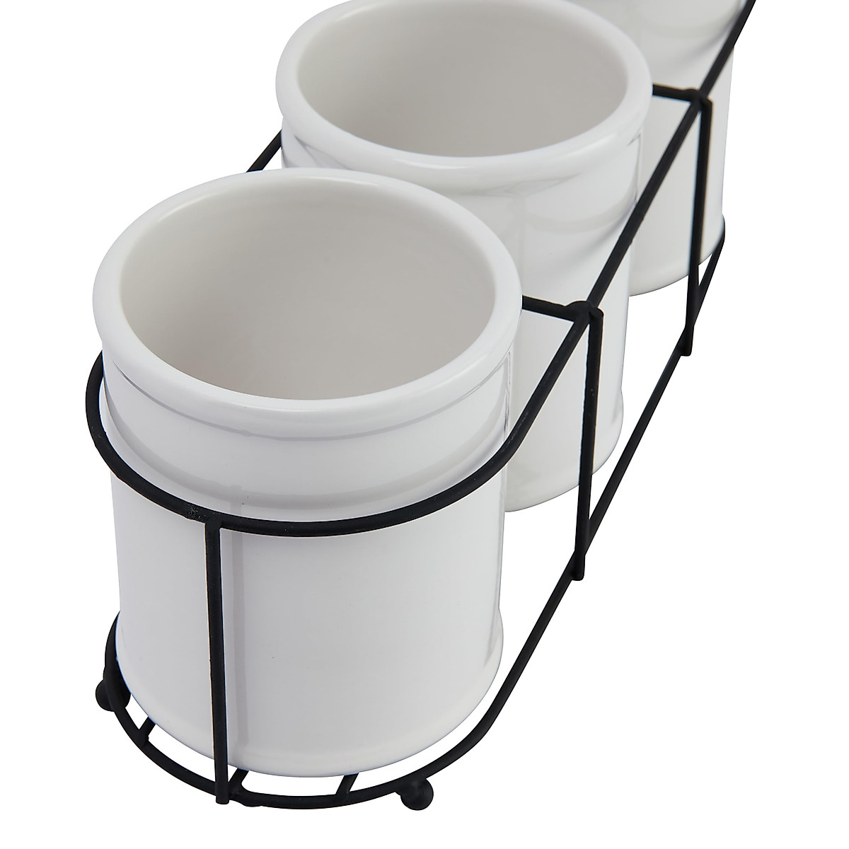 Creative Co-Op Farmhouse Ceramic Crocks in Metal Holder, White and Black