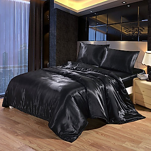 Vagasi Black Duvet Cover Set Twin Size 3 Pieces - Comforter Cover Super Soft with 1 Pillow Sham - Satin Bedding Set Breathable & Smooth with Zipper Closure