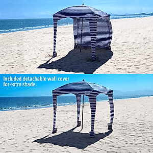 Qipi Beach Cabana - Easy to Set Up Canopy, Waterproof, Portable 6' x 6' Beach Shelter, Included Side Wall, Shade with UPF 50+ UV Protection, Ultimate Sun Umbrella - for Kids, Family - Sailor Stripes