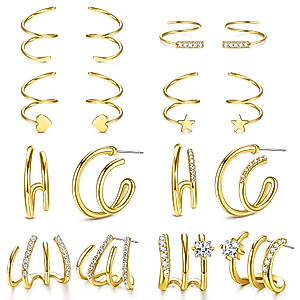 Sanfenly 8Pairs Double Hoop Earrings Claw Earrings Cuff for Women Teen Girls Spiral Twisted Hoop Earrings Huggie Climber Wrap Cuff Piercing Studs Cartilage Ear Piercing