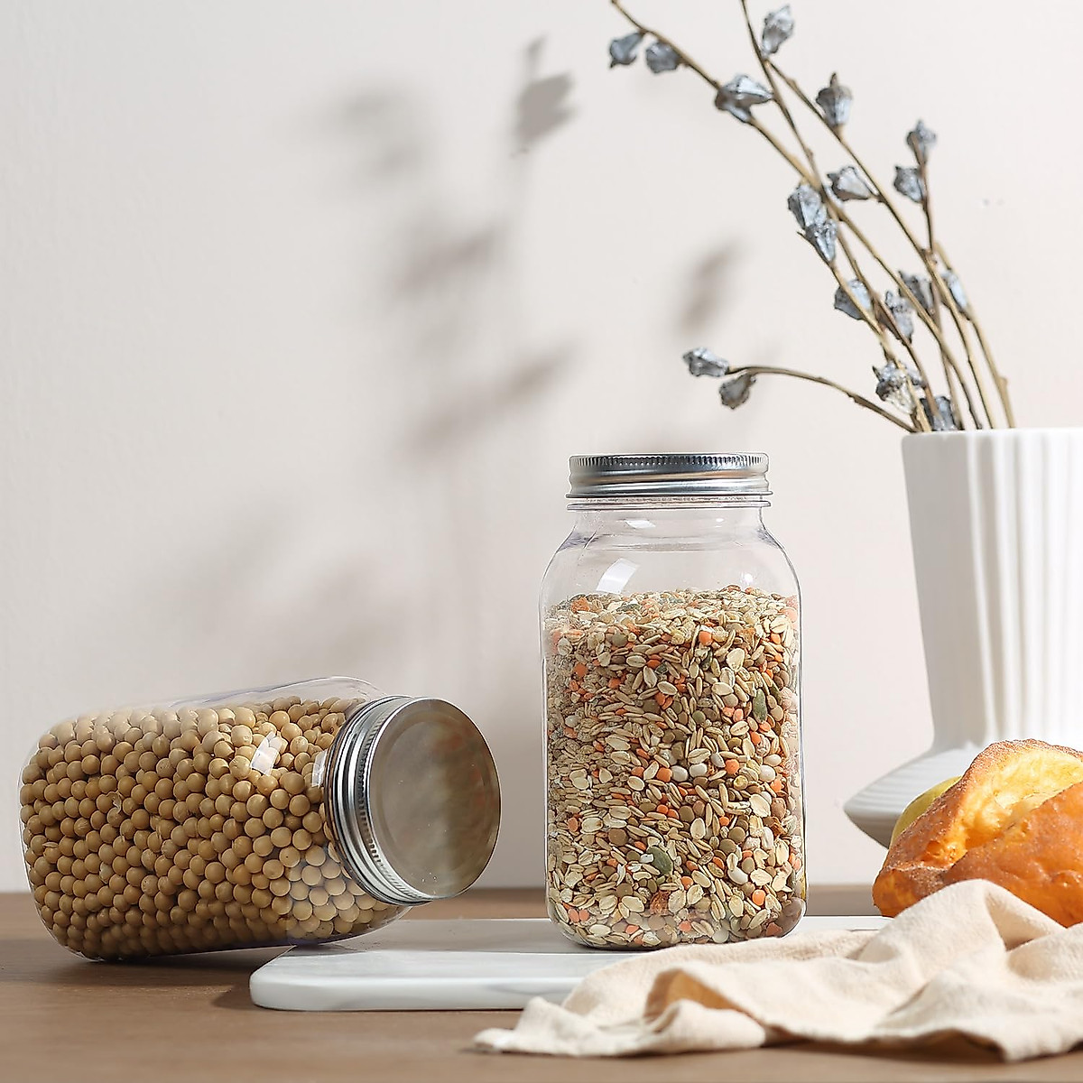 Party Club of America 6 Pack 32OZ Sliver Plastic Jars With Screw On Lids，Plastic Mason Jars Food Storage Container For Storing Dry Food, Candy, Cream,Peanut, Butter