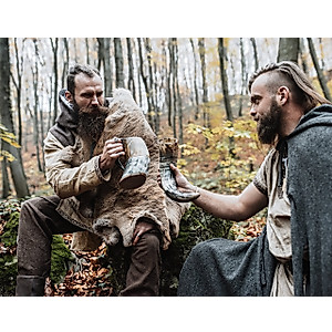 Norse Tradesman Genuine 12" Ox-Horn Viking Drinking Horn with Antique Brass Rim & Wolf Tip, Brown Leather Belt Holster, Fitted Horn Stand & Burlap Gift Sack - The Fenrir, 12-Inches, Low Polish