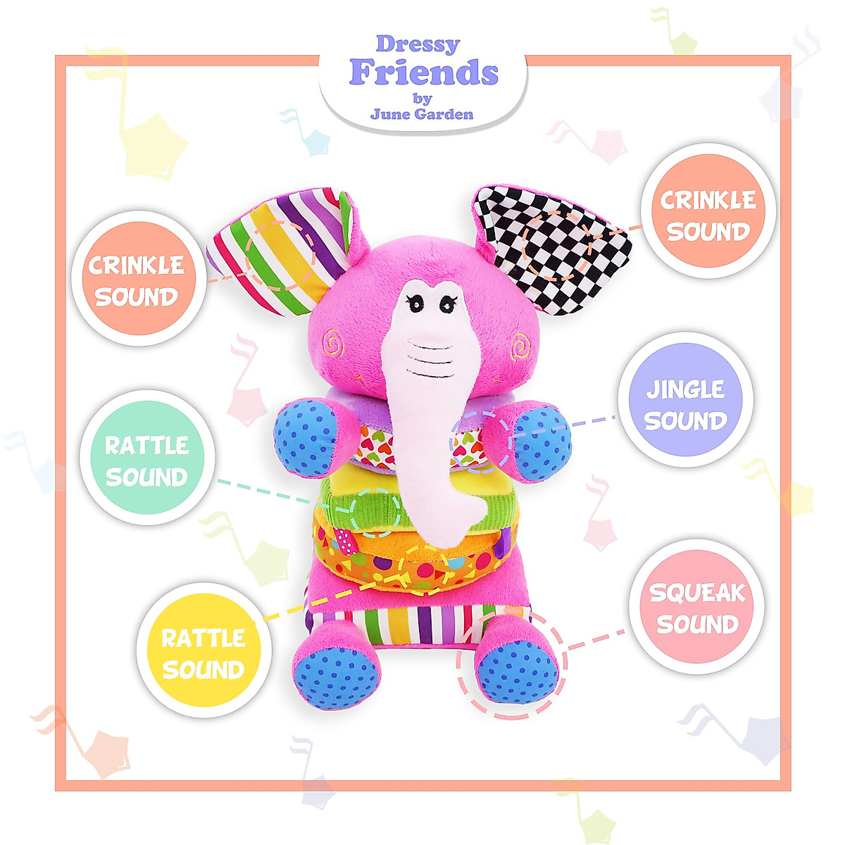 June Garden 11" Soft Stacking Rings Toy - Educational Stuffed Plush Elephant Sensory Development Rattles - Montessori Activity Sensory Learning Toy - 6 Months and Up