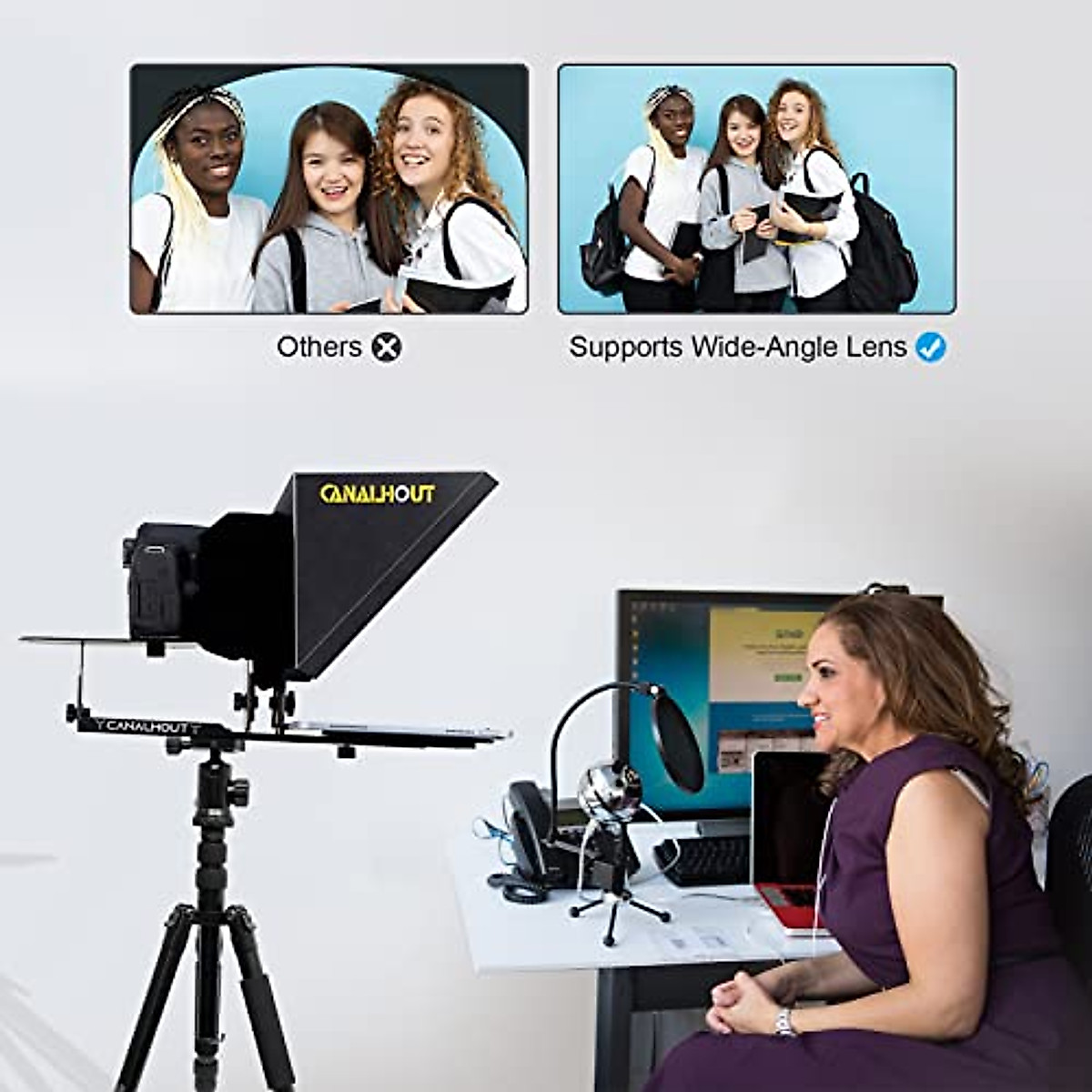 All-Metal teleprompter Supports 12.9" Tablets Prompting, w/a liftable Shooting Platform to Provide Wide-Angle Shooting for The Camera.