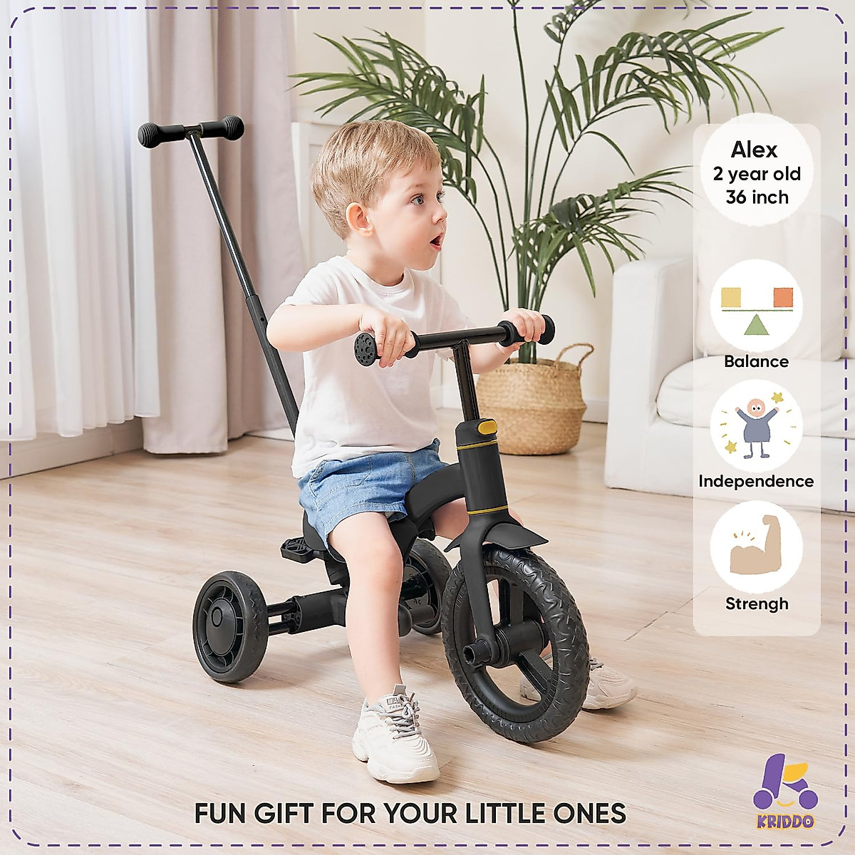 KRIDDO 3-in-1 Kids Tricycles for 2-3 Year Old, 12 Inch Front Wheel Trike and Toddler Balance Bike Bicycle for Boys Girls 2 Years to 4 Years, Removable Pedals for Push and Ride Fun, Black