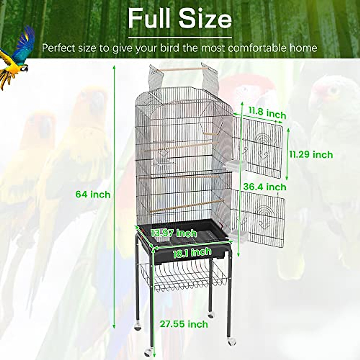 Jehiatek 59 Inch Bird Cage with Rolling Stand, Parakeets Cage with Open Top Roof, Tall Bird Cage Metal Bird Cage for Medium Small Cockatiel Canary Conure Finches, Black, Easy to Install
