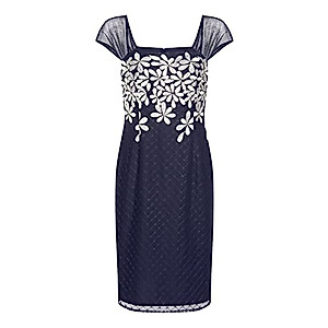 Adrianna Papell Women's Floral Embroidery Sheath Dress, Navy/Ivory, 10