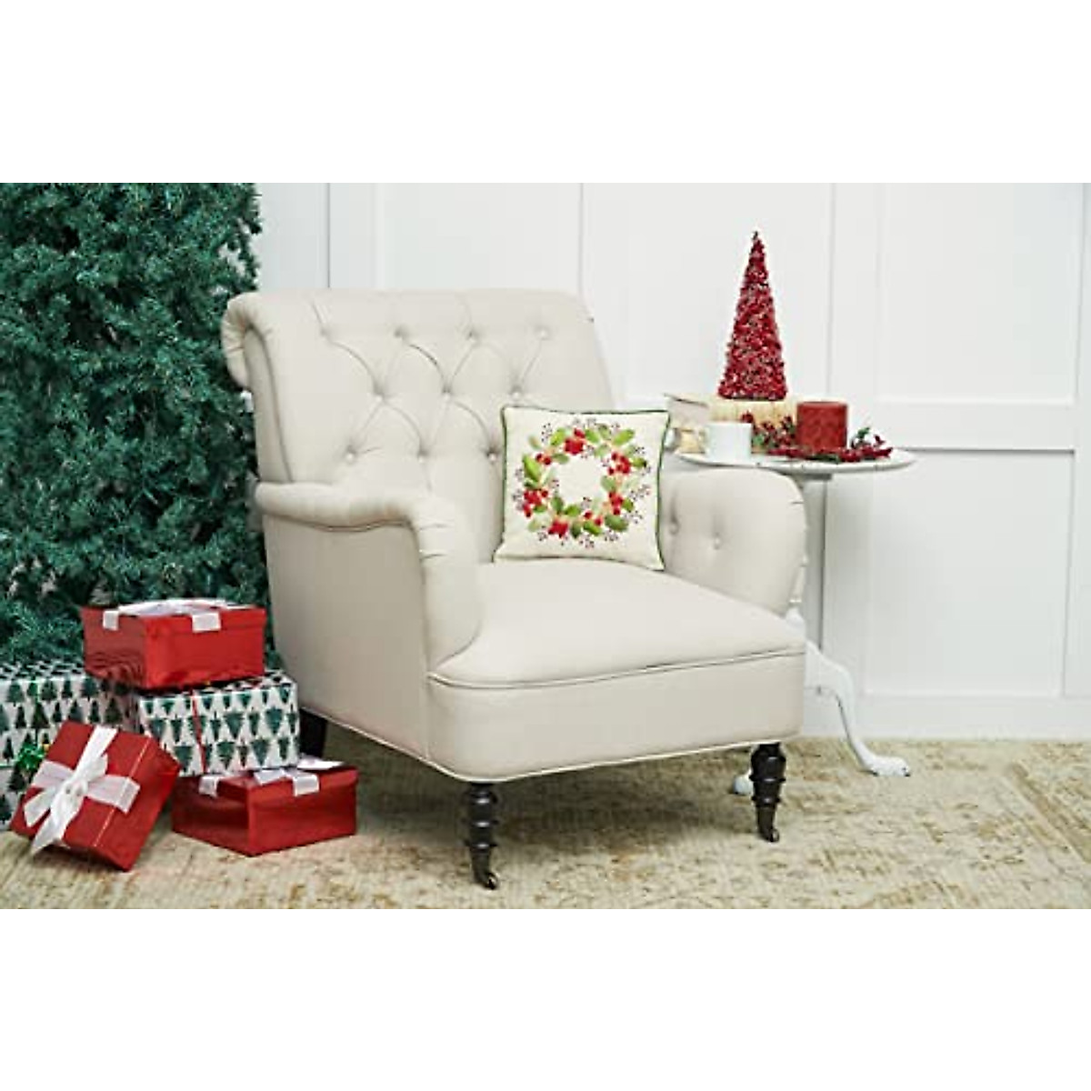 C&F Home Berry Wreath Christmas Botanical Holiday Xmas Handcrafted Red Green Premium Ribbon Cotton Art Throw Pillow 12 x 12 Multi