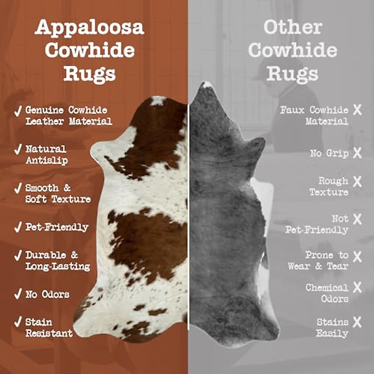 Appaloosa Cowhides Genuine Cowhide Rug - Natural Leather Hide Rugs for Living Room & Area Rug for Bedroom - Real Cow Hide Rug for Rustic Home Decor - Authentic 6'x8' Brown & White Collection