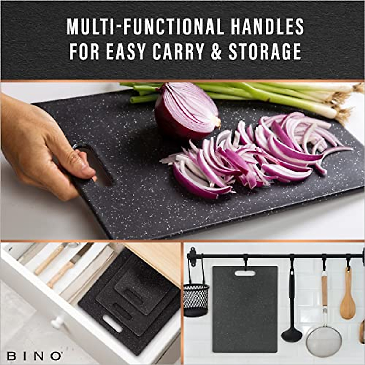BINO Cutting Board - 3-Piece Chopping Boards | BPA-Free Plastic, Durable, Multipurpose, Dual-Sided, Dishwasher Safe, Easy to Clean | Charcuterie Accessories | Home & Kitchen Utensils
