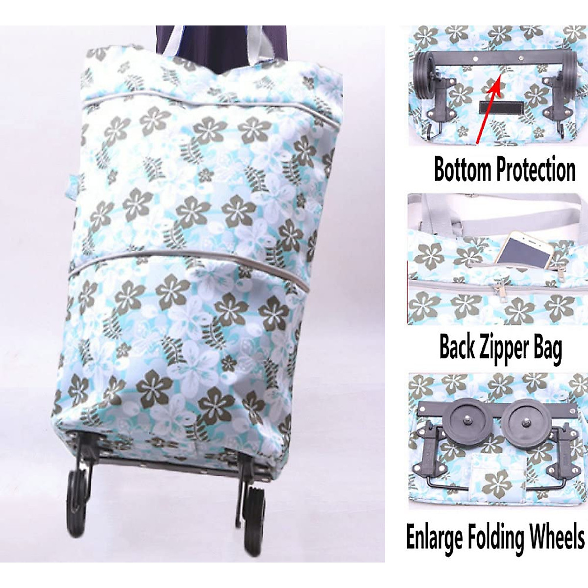 Upgrade Shopping Bag with Wheels Portable Trolley Bags Grocery Cart Hand Pulling Utility with Hand Straps Folding Shopping Cart- Larger Size & Waterproof & Strong（B0BDKBVK1Y）