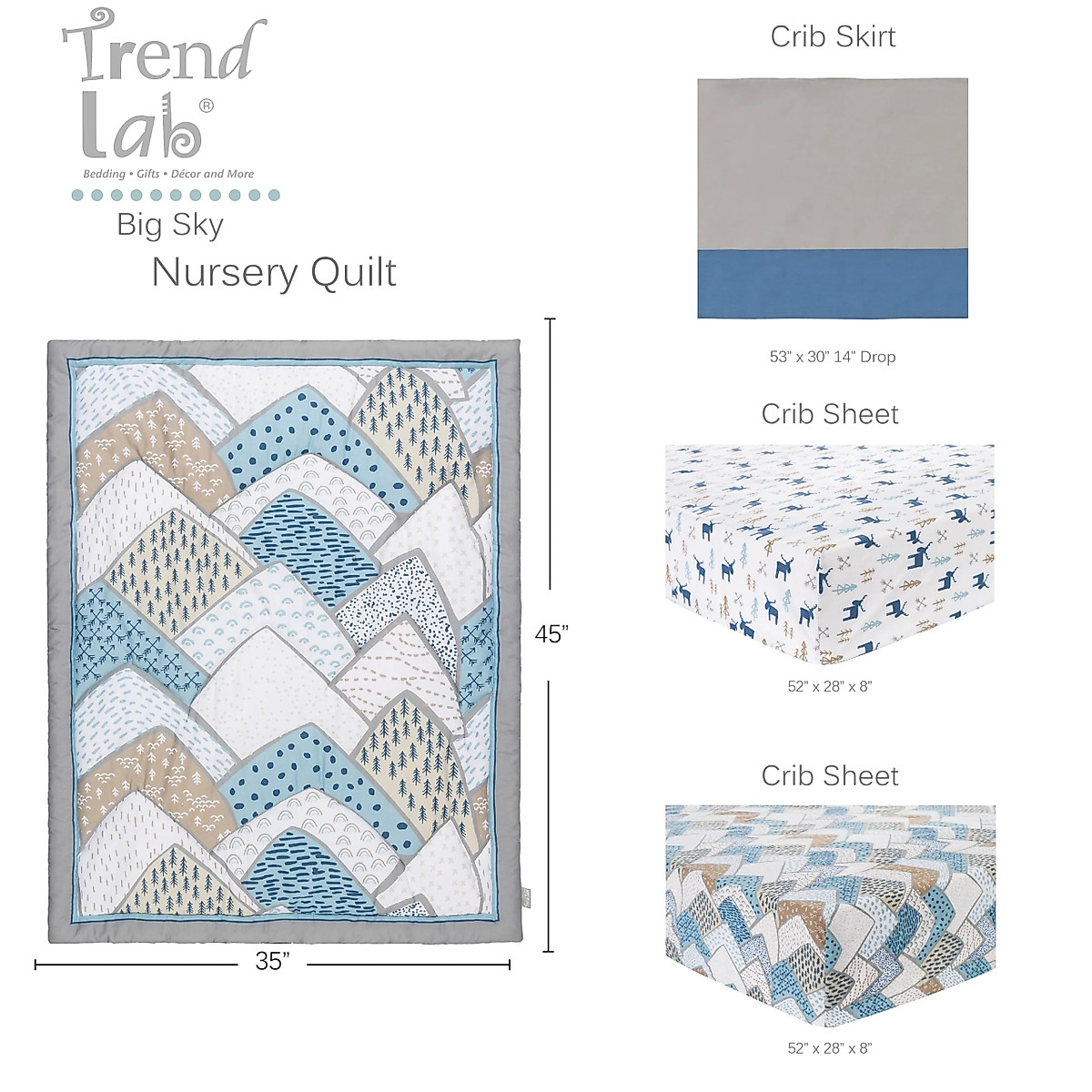 Trend Lab Florence 3 Piece Crib Bedding Set, Can Be Used As A Blanket Or A Playmat for Tummy Time, Includes Quilt, Fitted Crib Sheet and Skirt