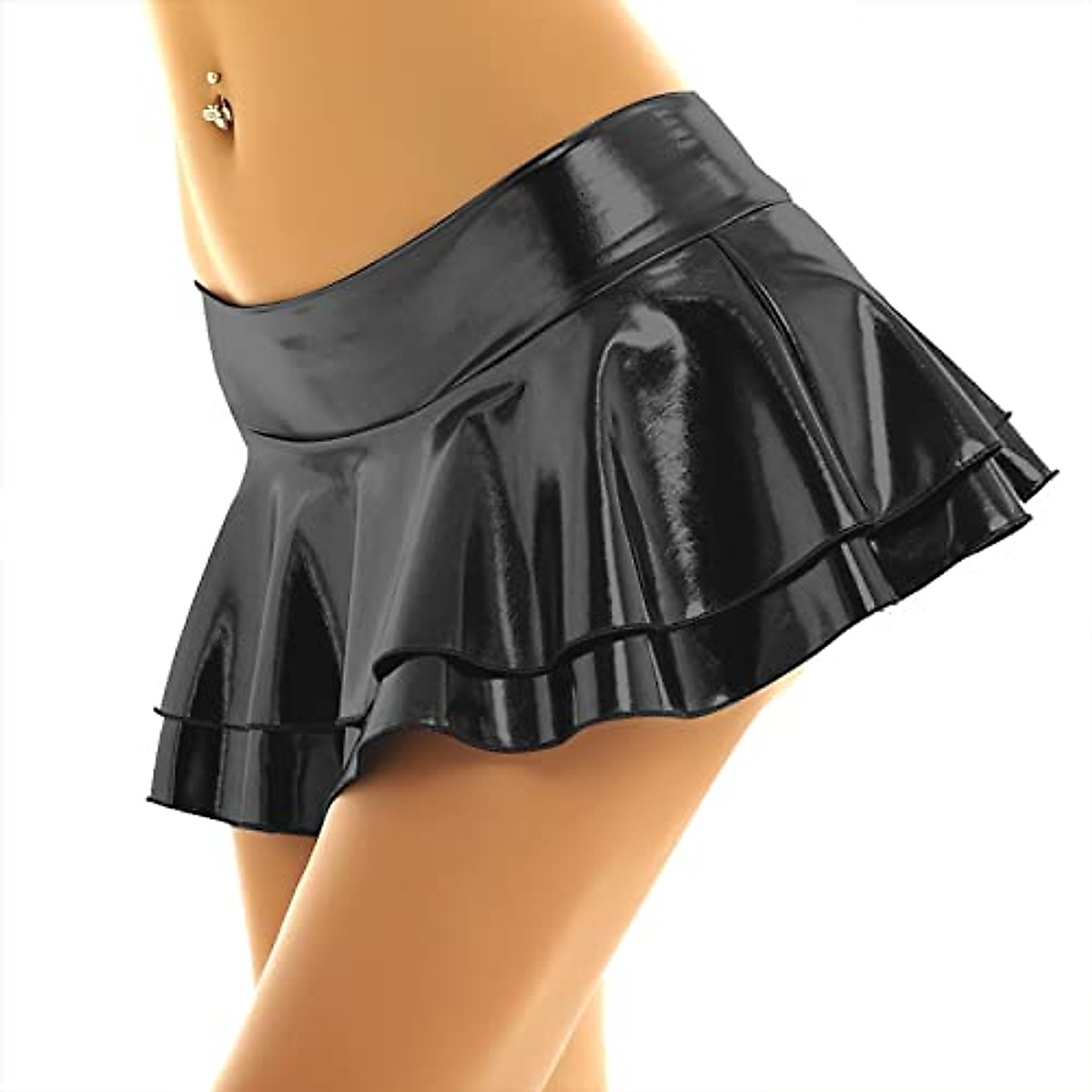 Yevin Latex Metallic Skirt for Women Sexy Pleated Mini Skater Skirt (Black)