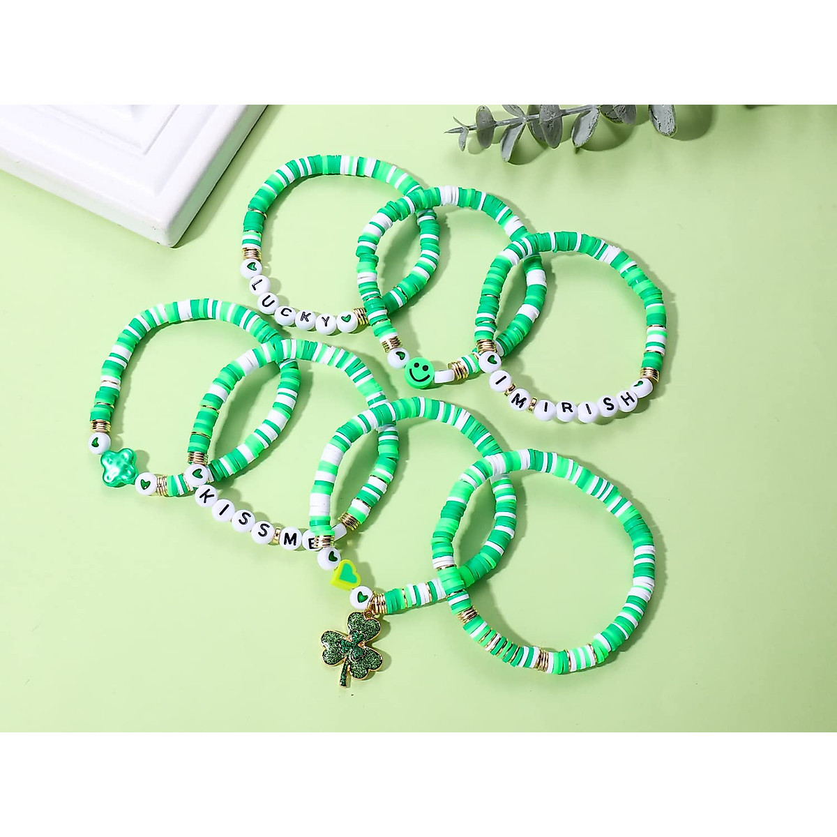 FAERLIIRY St. Patrick's Day Bracelets for Women Beaded Heishi Bracelets Preppy Surfer Bracelets Green Bead Bracelets Shamrock Luck Charm Bracelet Irish Party Jewelry (Green)