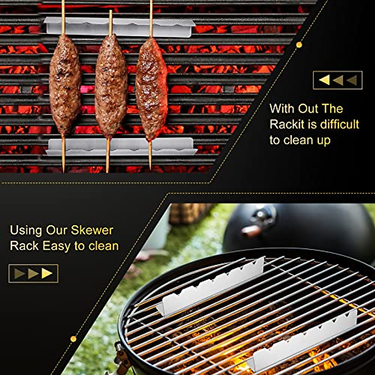 4 Pcs Skewers Holder Stainless Steel Shish Kabob Rack BBQ Long Skewers Rack for Round Flat Wood Metal Bamboo Skewers Grilling Accessories 12 Inch