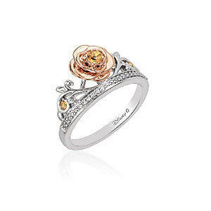 Jewelili Disney Princess Belle Inspired Rose Ring with 1/10 CTTW Diamonds and Yellow Citrine in 14K Rose Gold over Sterling Silver Size 9 Enchanted Disney Fine Jewelry