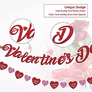 MAGICMAI Valentines Day Decoration - Happy Decor Heart Banner | Valentine Party Decorations Garland for Anniversary Wedding Supplies (Red Glitter)