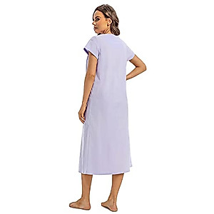 QRRLUEN Women's Nightgown Short Sleeve Cotton Mid Length Sleepwear Soft Comfy Button Loungewear Night Dress lilac colour